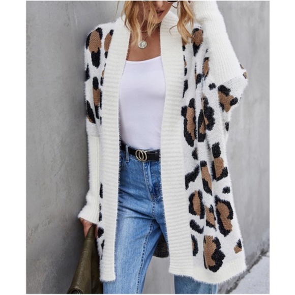 BellanBlue | Sweaters | Cozy Off White Leopard Print Fuzzy Open Front ...
